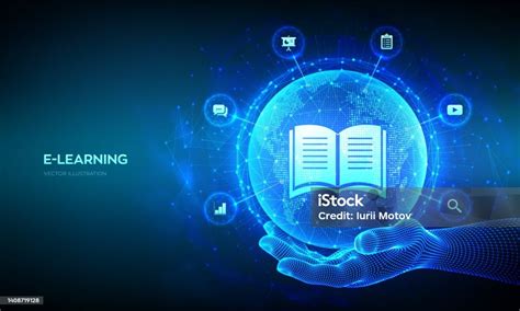 E러닝 혁신적인 온라인 교육 기술 개념 세계지도 포인트 및 선 구성 손에 지구 행성 지구 웨비나 온라인 교육 과정 기술 개발 벡터 그림입니다 손에 대한 스톡 벡터 아트 및