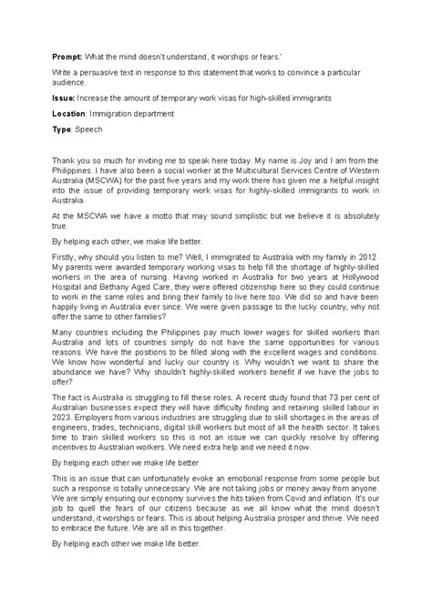 Persuasive Speech Example Prompt What The Mind Doesnt Understand It Worships Or Fears