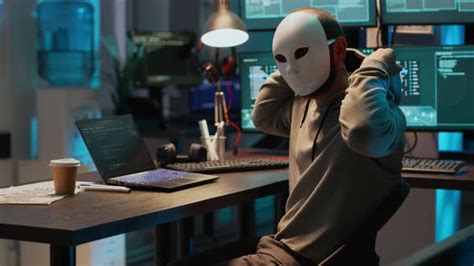 Masked Scammer Hacking Computer Network Late At Night Technology Stock