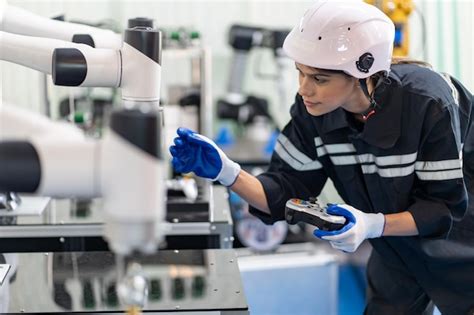 Premium Photo Female Engineer Check And Control Automation Robot Arms Machine In Intelligent