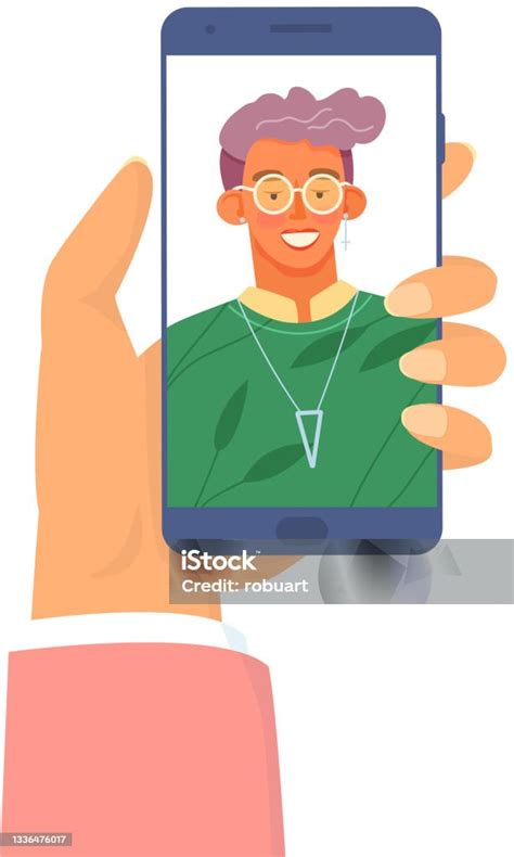 사람들은 휴대 전화를 통해 온라인 화상 통화를 통해 통신합니다 사람이 채팅을 스마트 폰을 사용 Brand Name Smart Phone에 대한 스톡 벡터 아트 및 기타