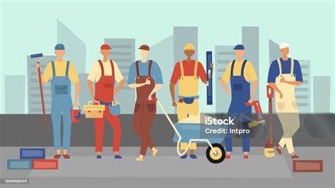 도시 경관 배경에 건축 장비 도구를 갖춘 로브의 건설 엔지니어 및 건축업자 그룹 플랫 스타일 벡터 일러스트레이션 건설 산업에 대한 스톡 벡터 아트 및 기타 이미지 Istock
