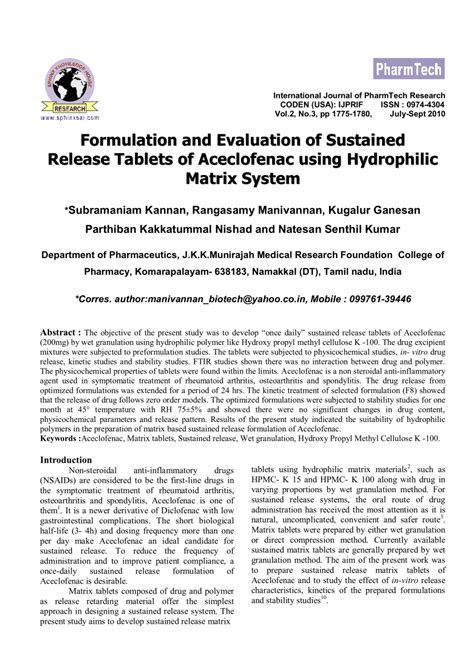 Pdf Formulation And Evaluation Of Sustained Release Tablets Of Aceclofenac Using Hydrophilic