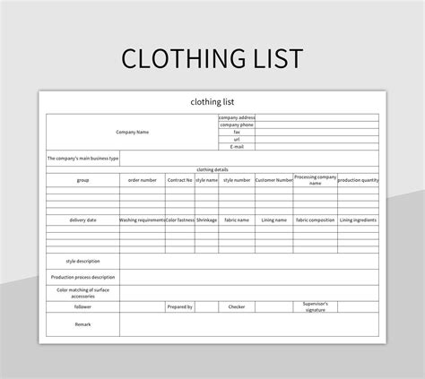 Free Clothing List Templates For Google Sheets And Microsoft Excel Slidesdocs