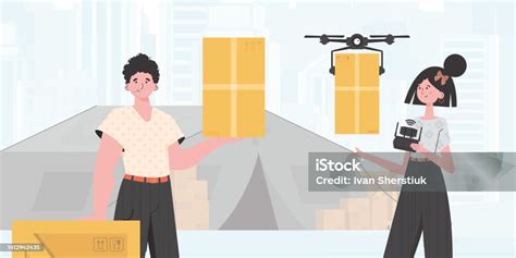 인도주의적 원조의 주제 무인 항공기가 소포를 운반하고 있습니다 골판지 상자를 가진 남자와 여자 트렌디 한 스타일 벡터 일러스트레이션 군사에 대한 스톡 벡터 아트 및 기타