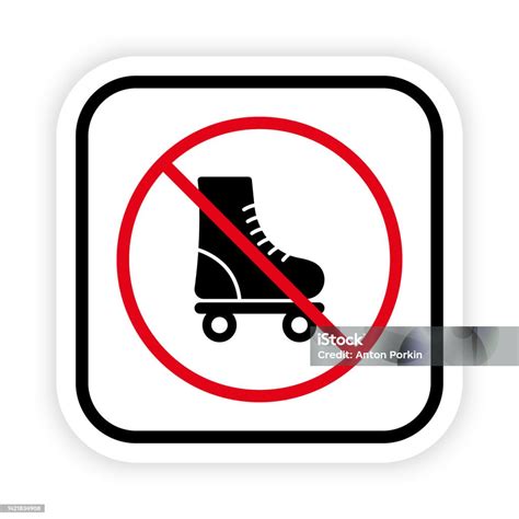 허용되지 않는 스케이팅 사인 금지 된 롤 존 금지 된 롤러 스케이트 픽토그램 금지 롤러 스케이트 블랙 실루엣 아이콘 스포츠 신발 레드 스톱 서클 기호 격리된 벡터 일러스트