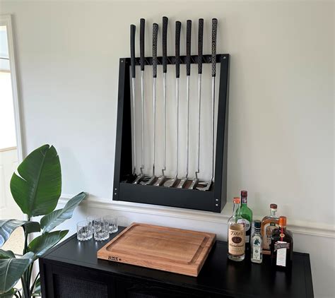 Custom Black Steel Golf Club Display Rack With Wall Mount And Leather