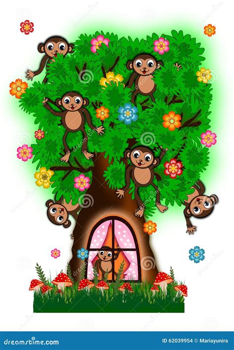 Tree House And Monkey Stock Illustration Illustration Of Green 62039954