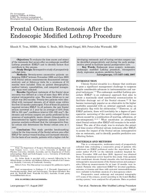 Pdf Frontal Ostium Restenosis After The Endoscopic Modified Lothrop Procedure