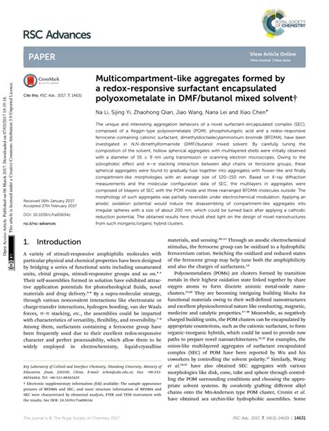 Pdf Multicompartment Like Aggregates Formed By A Redox Responsive
