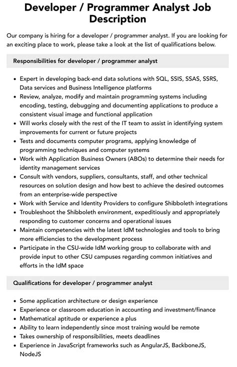 Developer Programmer Analyst Job Description Velvet Jobs