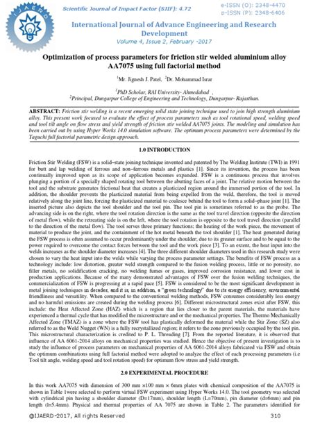 Optimization Of Process Parameters For Friction Stir Welded Aluminium Alloy Aa7075 Using Full