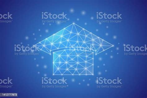 졸업 캡 흰색 연결된 점이있는 낮은 폴리 기호 3d 기하학적 다각형 교육 과정 E러닝 온라인 학습 디자인 일러스트레이션 3차원 형태에 대한 스톡 벡터 아트 및 기타 이미지