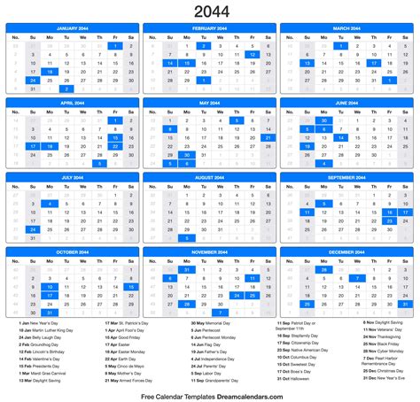 2044 Calendar Free Printable Yearly Calendar With Holidays