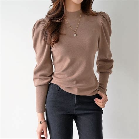 데일리앤 6컬러♡소프트 닐리 여성니트 반폴라 반목 어깨 퍼프 셔링 니트 티셔츠 가을 겨울