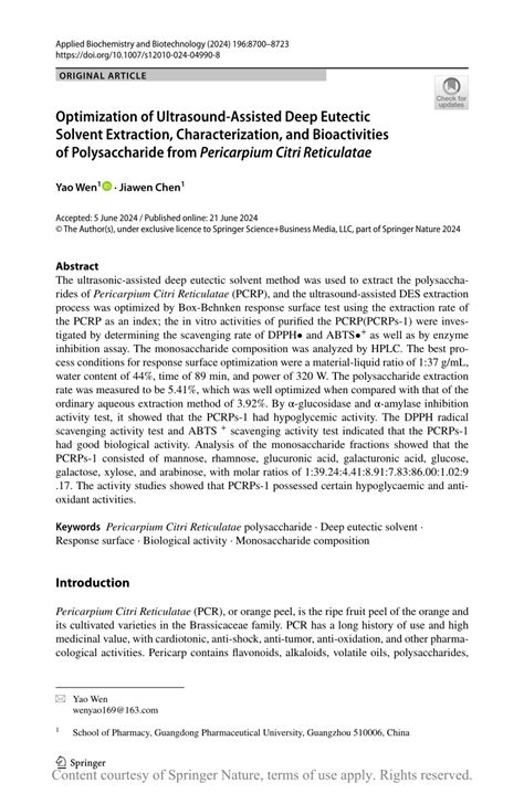 Optimization Of Ultrasound Assisted Deep Eutectic Solvent Extraction Characterization And