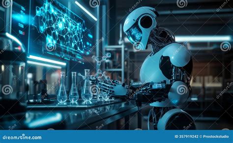 A Robot Scientist Works In A Lab Examining A Molecular Model And