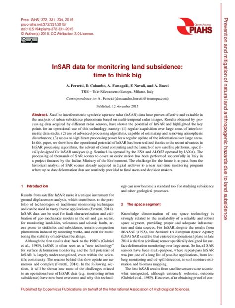 Pdf Insar Data For Monitoring Land Subsidence Time To Think Big Alessandro Ferretti