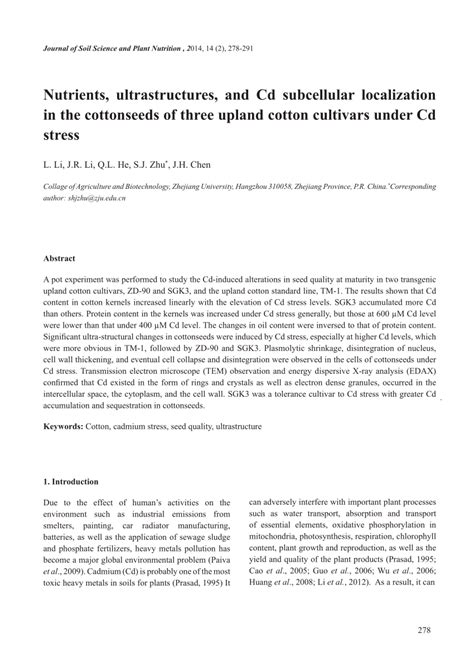 Pdf Nutrients Ultrastructures And Cd Subcellular Localization In The Cottonseeds Of Three