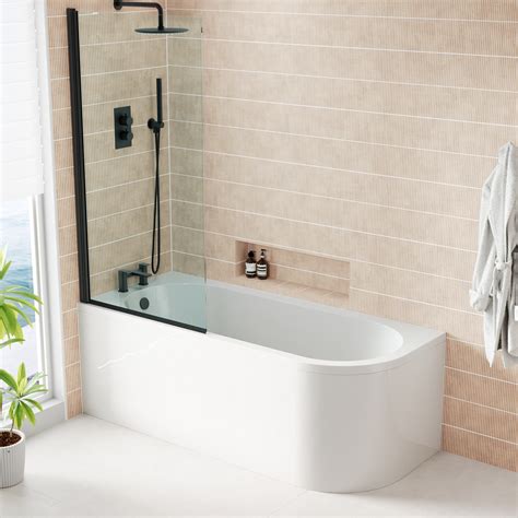 Armourcast Reinforced J Shaped Shower Bath With Panel And Matt Black