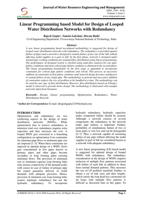 Pdf Linear Programming Based Model For Design Of Looped Water