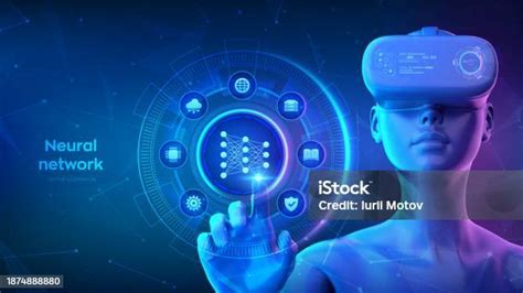 신경망 개념 Bim 인공지능 기계 학습 딥 러닝 빅 데이터 신경망 아이콘과 디지털 인터페이스를 터치하는 Vr 헤드셋 안경을 착용 한 소녀 벡터 일러스트 레이 션 데이터