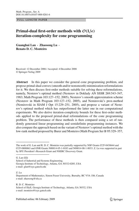PDF Primal Dual First Order Methods With O Iteration Complexity For Cone Programming