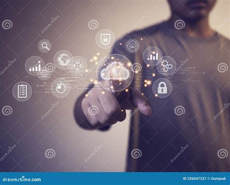 Cloud Computing Diagram Man Touching Button Cloud Technology Stock Image Image Of Finger