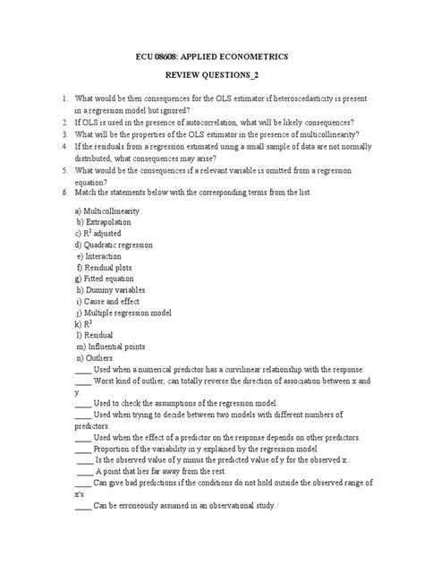 Review Question Econometrics 2 Pdf Regression Analysis Ordinary