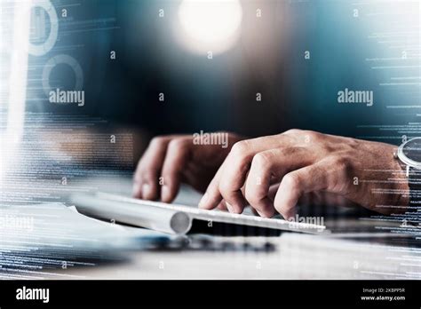 developer overlay and hands typing on a keyboard for digital