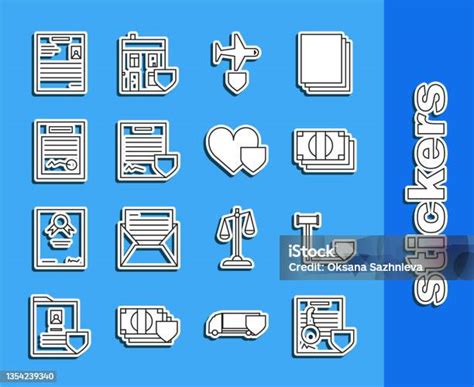 방패 판사 망치 스택 종이 돈 현금 평면 계약 채워진 양식 개인 문서 및 심장 아이콘과 키와 함께 정렬 줄 문서 벡터 가득 찬에 대한 스톡 벡터 아트 및 기타 이미지