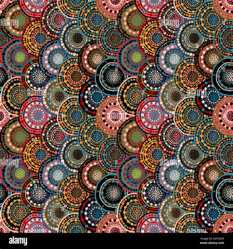 Japanese Folk Overlapping Circular Dotted Flowers Seamless Pattern