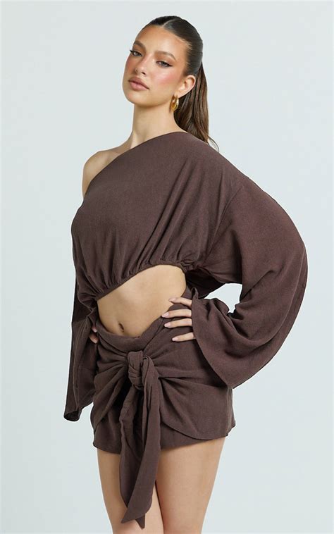 Elly Two Piece Top And Skirt Set Asymmetric Neck Elastic Hem Top And