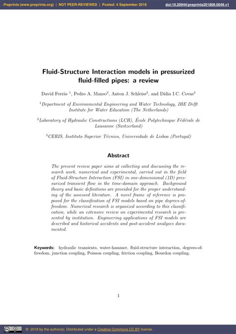 PDF Fluid Structure Interaction Models In Pressurized Fluid Filled Pipes A Review