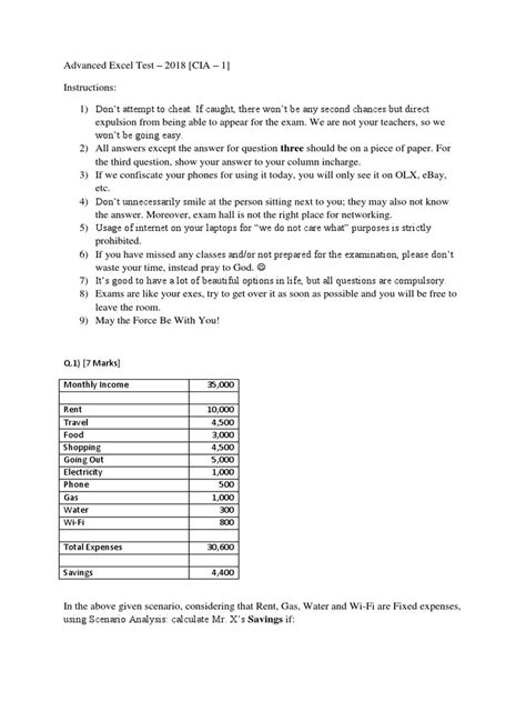 Advanced Excel Question Paper Pdf Test Assessment Microsoft Excel