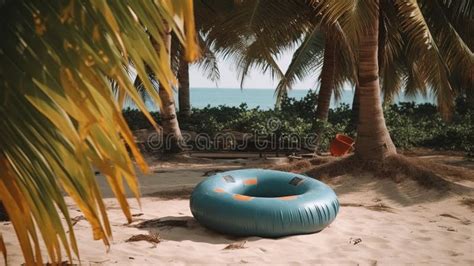 An Inflatable Swim Lap Against A Backdrop Of A Beach With Sand Palm Trees And The Ocean Tourist