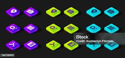 Screwdriver 및 렌치 스패너 자동차 검사 타이어 압력 게이지 라디에이터 냉각 시스템 기어 시프터 및 차량 서비스 아이콘이 있는 위치 설정 벡터 3차원 형태에 대한