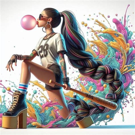 Иллюстрация девушки с длинной косой битой в руках руки в тату In 2024