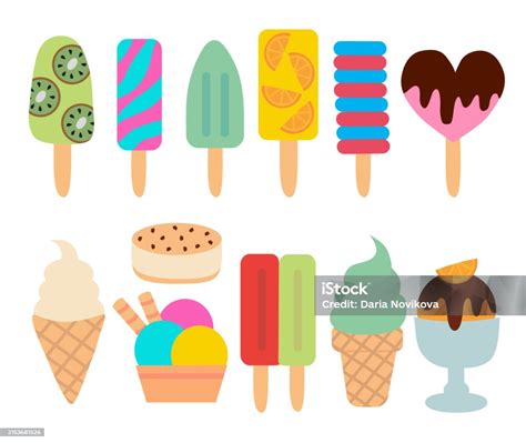 아이스크림 컬렉션 감귤류 오렌지 볼 컵 클래식 젤라토 셔벗 와플 컵 퍼지 아이스 캔디 순대 바닐라 샌드위치 초콜릿 콘 여름철 달콤한 음식 맛이 가미된 빙과에 대한 스톡 벡터