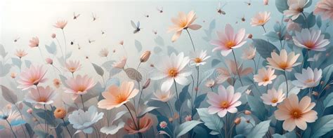 Dreamy Floral Landscape With Butterflies Stock Illustration