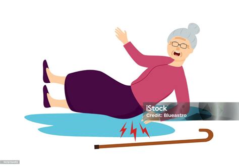 노인 여성은 흰색 배경에 평면 디자인에 젖은 바닥에 떨어졌다 미끄러 습한 바닥주의 떨어짐에 대한 스톡 벡터 아트 및 기타 이미지 떨어짐 사람들 깨짐 Istock