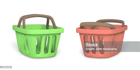 빈 녹색과 빨간색 쇼핑 바구니3d 쇼핑 컨셉 벡터 일러스트레이션 3차원 형태에 대한 스톡 벡터 아트 및 기타 이미지 3차원