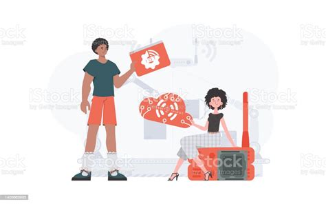 남자와 여자는 사물 인터넷 분야의 팀입니다 Iot 개념 프리젠 테이션 및 웹 사이트에 좋습니다 트렌디 한 평면 스타일의 벡터 일러스트레이션 가상현실 시점에 대한 스톡 벡터