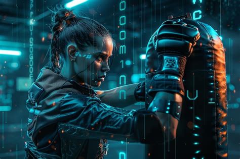 Woman In Futuristic Suit Practices Boxing By Punching A Glove A