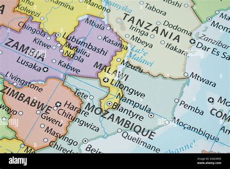 Close Up To A Malawi Political Map With Country Frontiers And Most