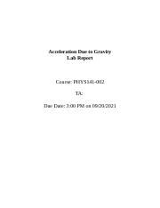 Acceleration Due To Gravity Lab Report Docx Acceleration Due To Gravity Lab Report Course