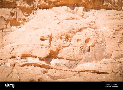 Wadi Rum Sandstone Rock Formations With Natural Symbolic Figures On