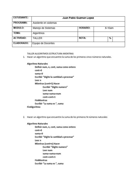 Taller Algoritmos Estructura Ciclos Juan Pablo Guzman Lopez Descargar Gratis Pdf