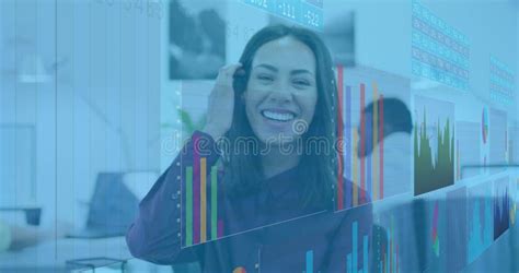 Animation Of Statistical Data Processing Against Portrait Of Biracial