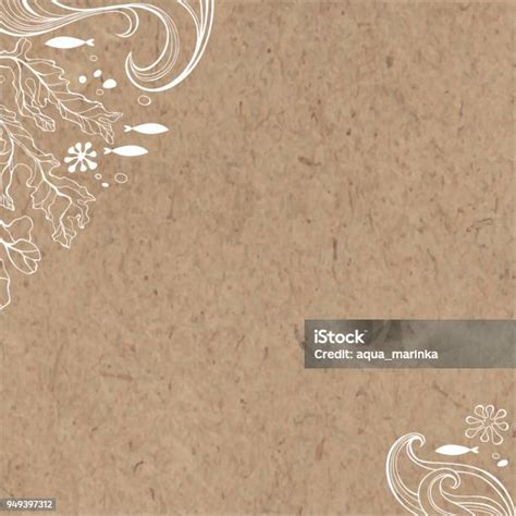 물고기와 식물 해양 배경입니다 Kraft 종이에 텍스트에 대 한 장소를 가진 벡터 일러스트 코너 구성입니다 초대장 인사말 카드 또는 디자인에 대 한 요소 0명에 대한 스톡